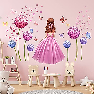 Pink Flower Wall Sticker Butterfly Fairy Girl Wall Decals DIY Purple Princess Wall Stickers Removable Dandelion Floral Wall Decals Waterproof Wall Mural for Kids Nursery Bedroom
