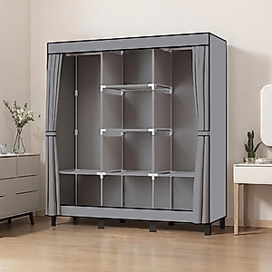 TKPKSELD Portable Closet Bedroom Wardrobe Storage with Non-Woven Fabric Cover, 8 Storage Organizer Shelves, 2 Hanging Rods for Hanging Clothes, Durable and Easy to Assemble, 69 x 49 x 17.7 Inches