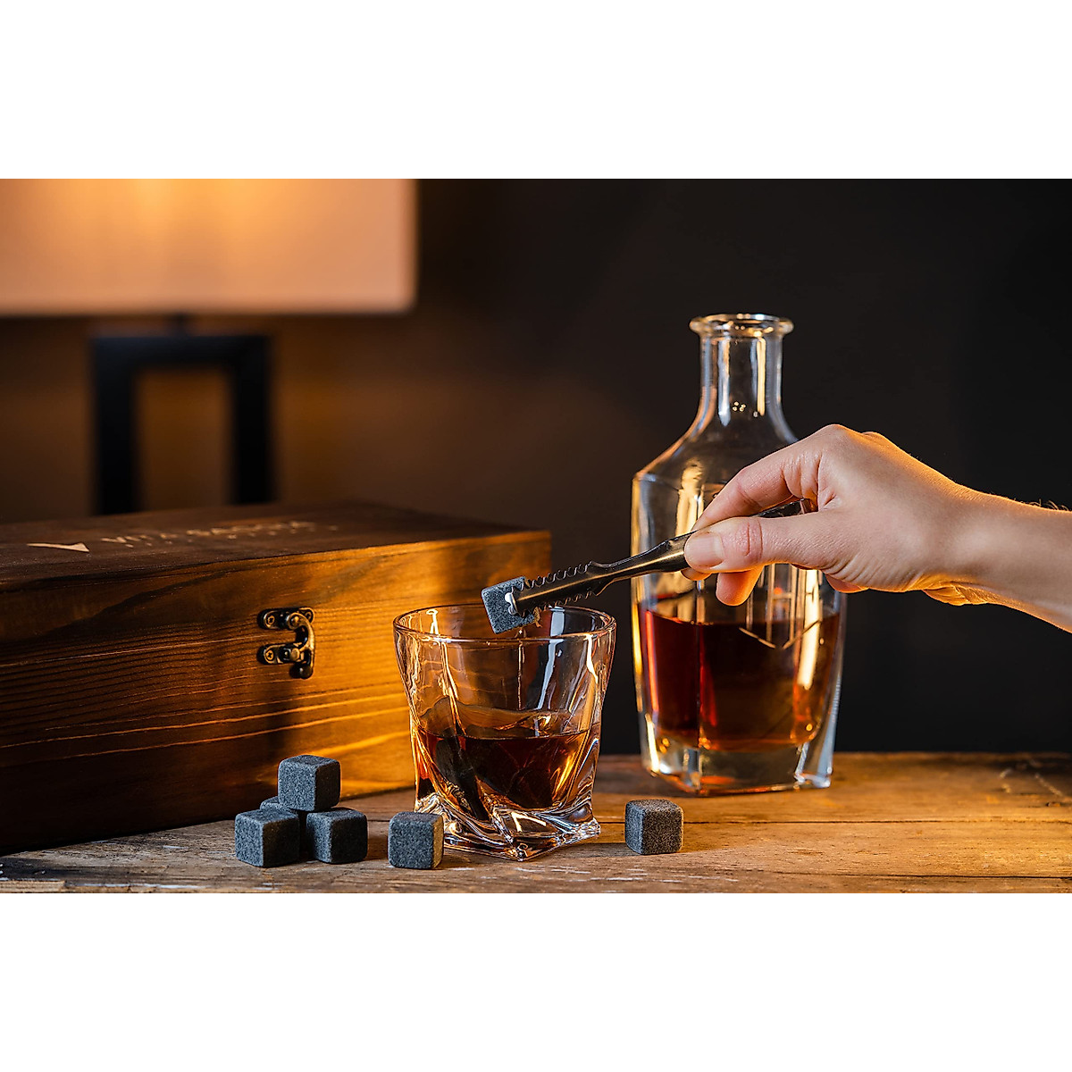 Luxury Whiskey Glass Set of 2, Gift Set in Wooden Box, Includes 9 Whiskey Ice Stones, Velvet Bag and Stainless Steel Tongs. Great Gift for Men, Dad, Christmas
