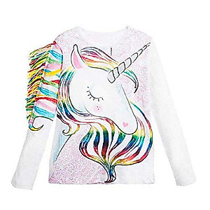 Newfancy Toddler Kid Baby Girls Tassel Fringe Unicorn Tee Long Sleeve Tops T- Shirt White , White ,4T-5T