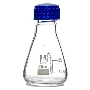 EISCO Erlenmeyer Flask, 25ml - Borosilicate Glass - with PTFE Screw Cap - Conical Shape - White Graduations