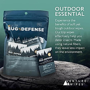 Venture Wipes Natural Mosquito Repellent Wipes - DEET-Free Bug Repellant - Long Lasting Insect Repellent Wipes - Travel Friendly - Citronella, Peppermint, and Rosemary Infused - 15 Count Bag