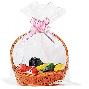 UltraOutlet 50 Packs Large Cellophane Bags 18" x 24" Clear Cellophane Gift Basket Wraps 2.3 Mil Thick Clear Cello Bags for Fruit Basket, Gift Wrap, Treats, Arts and Crafts, 50ct Ribbon Bows
