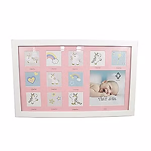 Concepts "My First Year 17x11 Wood Frame Wall Hang with and 12 Openings Pink or Blue (Pink)