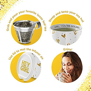 Hey Girl Tea Cup with Infuser and Lid - Double-Walled Insulation & Ceramic Outer Tea Infuser Mug - Fine-Mesh Strainer Basket - Gift-Inspired Packaging - 12 oz