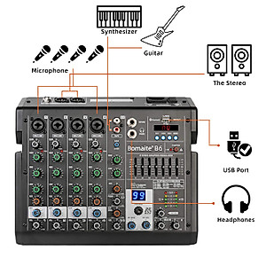 8-Channel Mixer 99 Effects 7 Band EQ Bluetooth Studio Audio Mixer for PC Recording Input, XLR Microphone Jack, 48V Power, for Professional and Beginners-Bomaite B8, Black