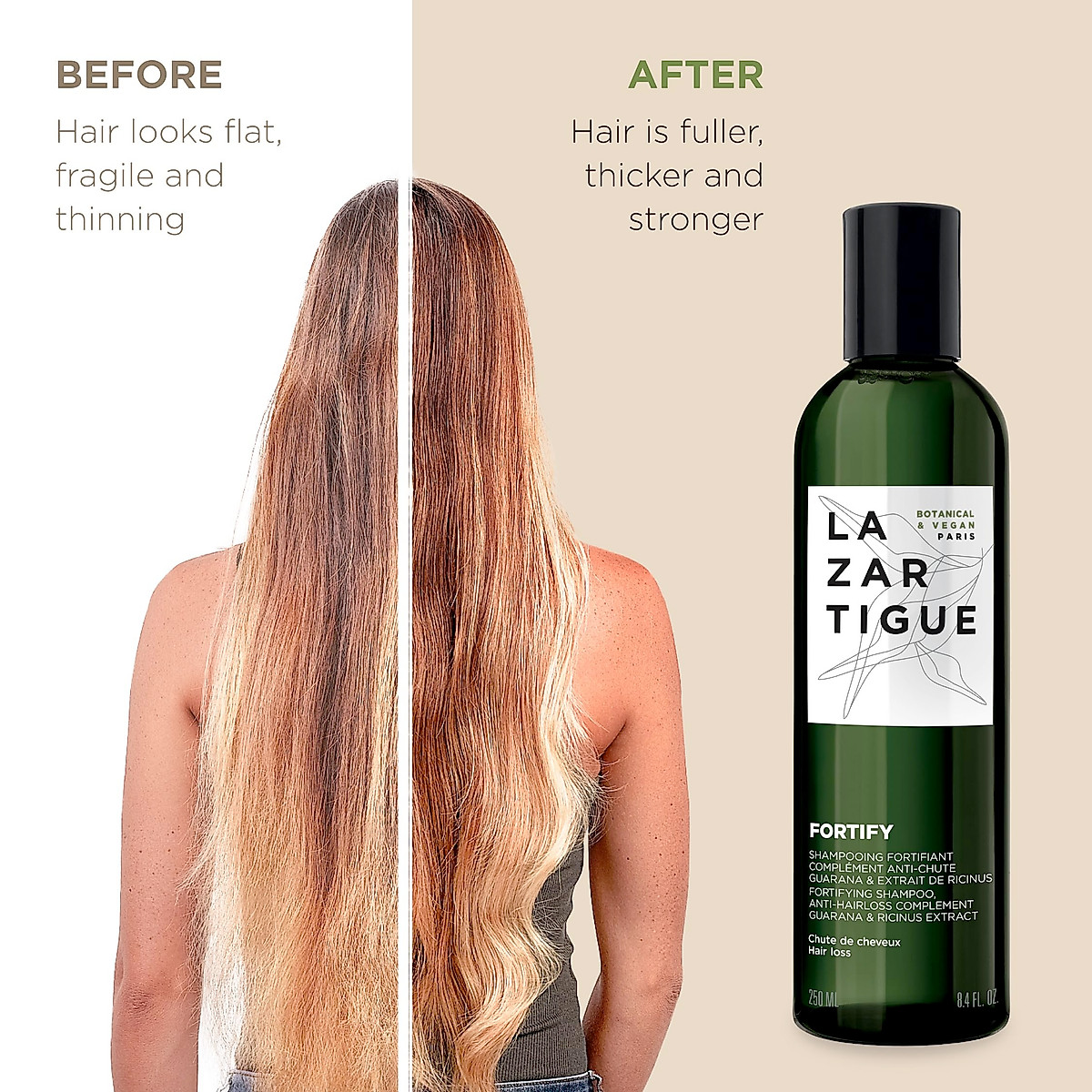 Lazartigue Fortify Densifying Shampoo, Enriched with Guarana and Ricinus, Strengthens Fragile Hair, Stronger Appearance, Perfect for Everyday Usage, Vegan, Lemon, 8.4 Oz