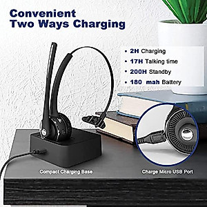 Trucker Bluetooth Headset with Microphone Noise Cancelling, V5.0 Wireless Headset with Charging Base 17 Hrs Talk Time Trucker Headset for Home Office Call Center Skype Truck Drive