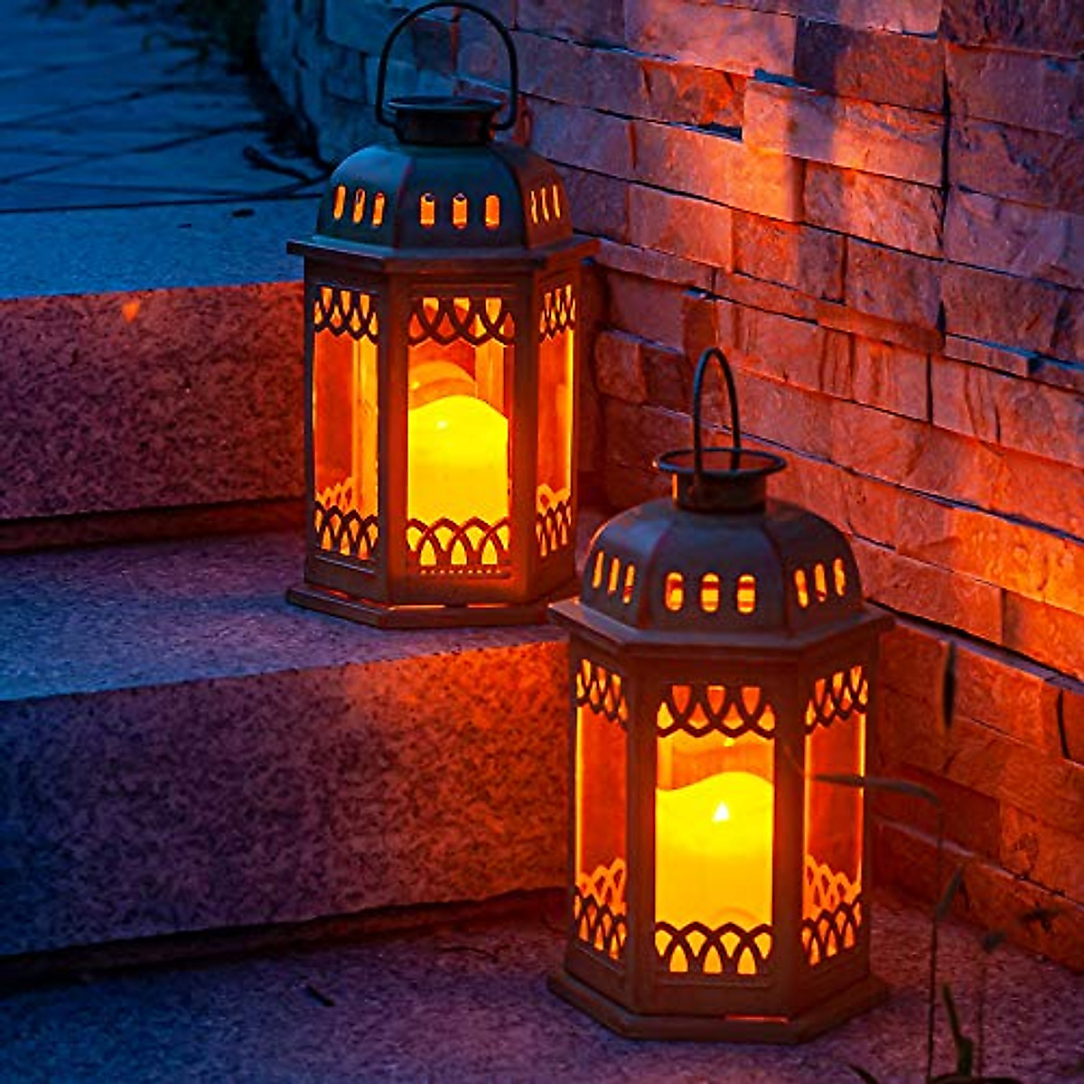 SteadyDoggie Solar Lanterns 2 Pack Green - Hanging Solar Lights with Flickering Candle LED - Retro Ornate Hanging Solar Lantern with Handle
