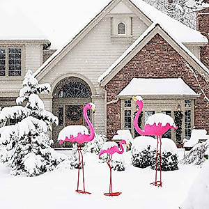 Ohuhu Family Flamingo Yard Ornaments, Set of 3 (32", 31", 19") Bright Pink Flamingos Ornaments with Metal Feet Stakes for Garden Yard Patio Party Decoration, Outdoor Decor Gardening Gift