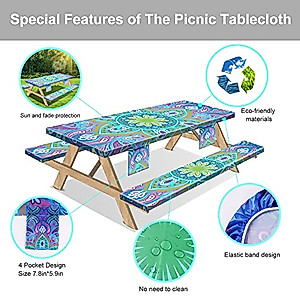 Sotue Picnic Table Cover with Bench Covers 3 Piece Set Elastic Fitted Rectangle Tablecloths Camp Tables Seat Cloth Polyester Oilcloth Vinyl Clothes for Outdoor Waterproof Camping 72x30 Inch Green