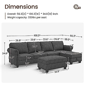 Nolany Sectional Couch with Chaise, L Shaped Convertible Sofa Couch with Storage Ottoman Sectional Sofa Set for Living Room Furniture Sets Dark Grey