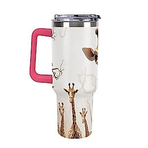 40 Oz Vacuum Tumbler with Light Rose Red Handle Leakproof Insulated Tumbler Cute Cartoon Funny Giraffes Stainless Steel Travel Mug with Lid And Straw Coffee Cup Cute Water Bottles Cup Holder Friendly