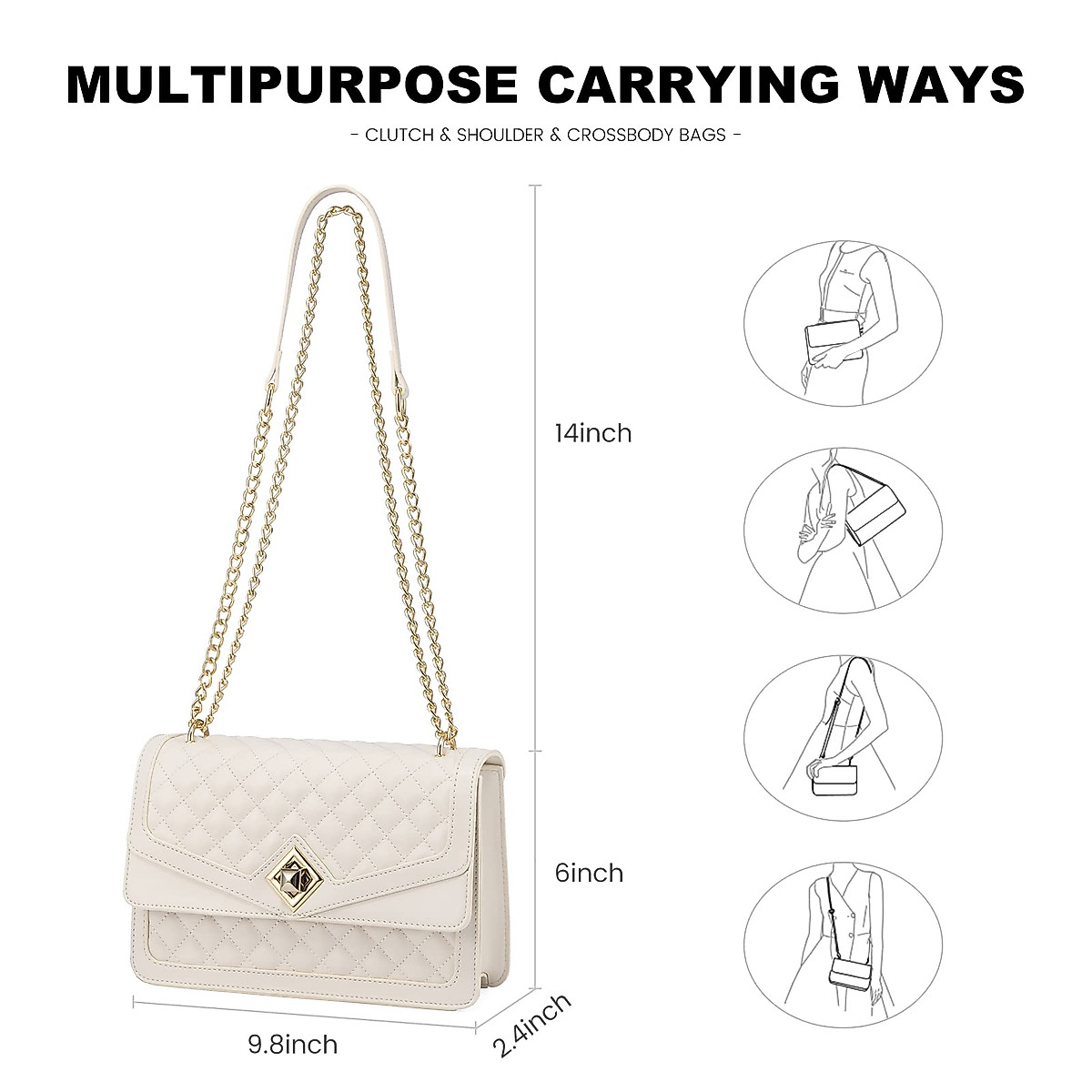 LOVEVOOK White Purse for Women Quilted Crossbody Bags with Chain Strap,Evening Handbag Clutch Purse 2023 New