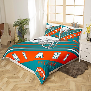 Football Sports Themed Comforter Cover, Kids American Football City Style Bedding Set 3D Rugby Helmet Design Bed Cover, American Football Competition Queen Duvet Cover,Sage Green Orange(Miami)