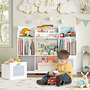 FOTOSOK Toy Storage Organizer, 46'' Toy Shelf, Bookshelf with White and Blue Bookcase & 2 Storage Cubbies Toy Box, Toy Storage Cabinet for Playroom, Bedroom, Classroom, Library