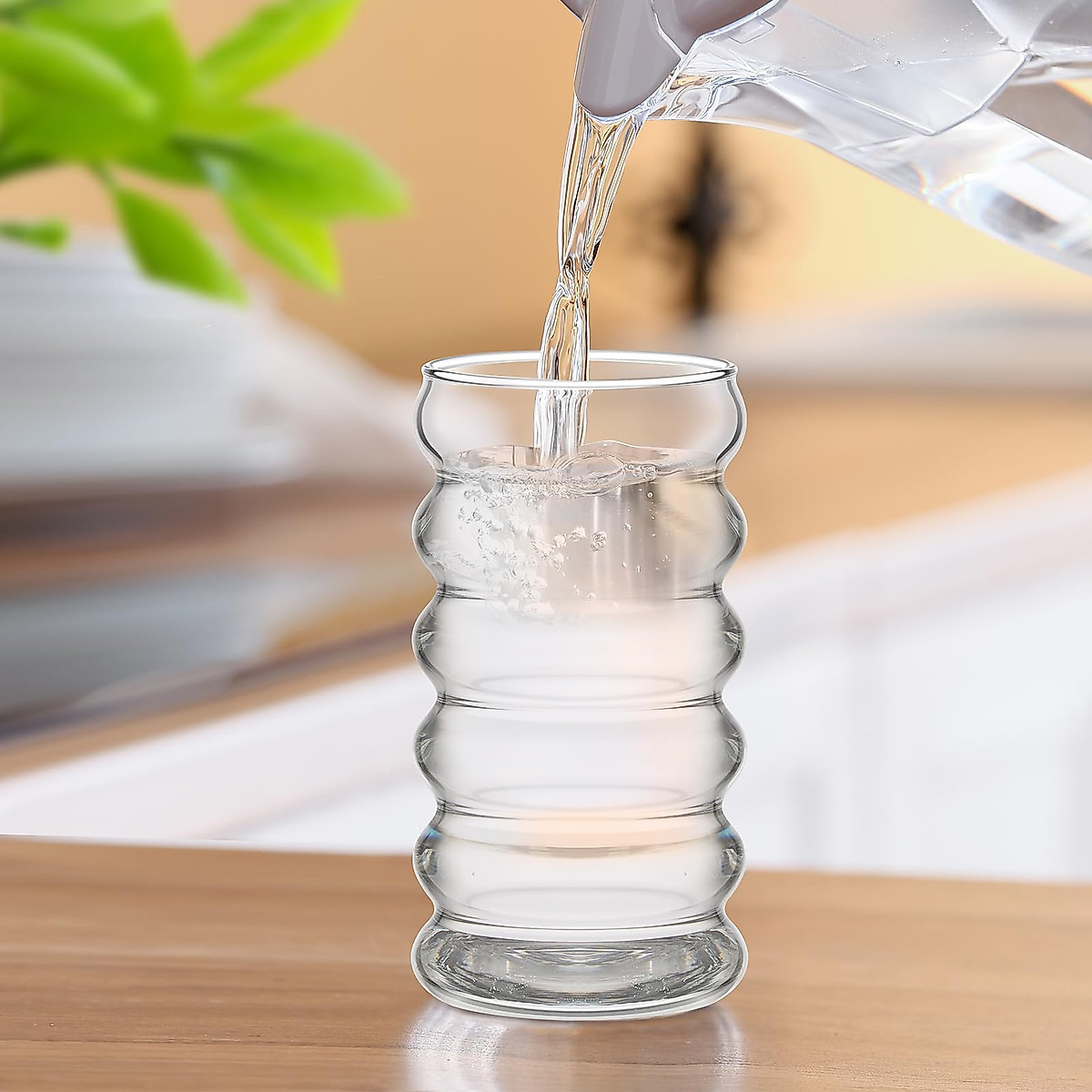 Tessco 4 Pcs Creative Glass Cups Vintage Drinking Glasses Ribbed Glassware Aesthetic Cups Entertainment Dinnerware Glassware with Straws Set for Kitchen Coffee Juice Beverage (Clear,16 oz)