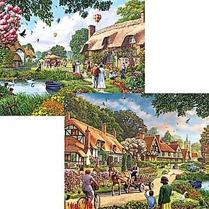 Bits and Pieces – 4-in-1 Multi-Pack 500 Piece Jigsaw Puzzles for Adults – Village Life by Artist Steve Crisp, Completed Puzzle Size: 16" x 20"