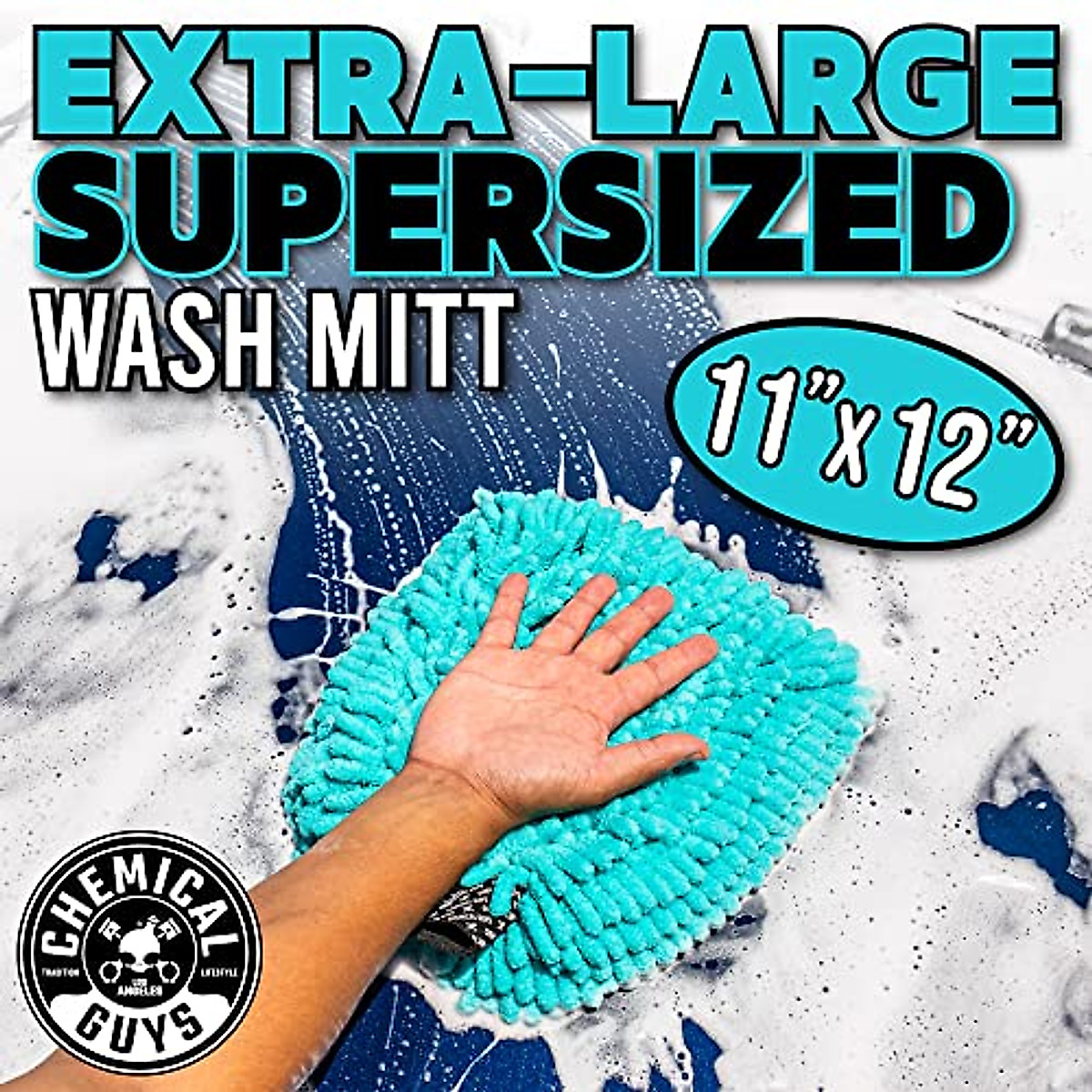 Chemical Guys MIC513 Big Noodle Chenille Microfiber Scratch Free Supersized Car Wash Mitt for Cars, Trucks, SUVs, RVs & More, Turquoise (11" x 12")