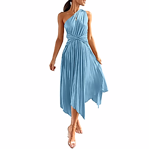 PRETTYGARDEN Women's Summer Long Satin Dress One Shoulder Sleeveless Ruched Twist Flowy Maxi Dresses (Light Blue,Small)