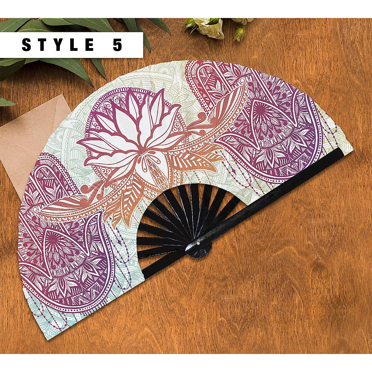 Bohemian Lotus Zen UV Glow Folding Hand Fan Boho Mandala Fan Trippy Yoga Fans Iridescent Hippie Theme Fan for Men and Women Chinese Bamboo Fan for Parties and Events