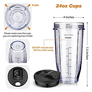 Revorit Blender Replacement Parts for Ninja, 2 24oz Cups with To-Go Lids, 7 Fins Extractor Blade, for Nutri Ninja Auto iQ BN801 BL480-30 BL640-30 BL642-30 NN100-30 BL2012 (2 Pack)