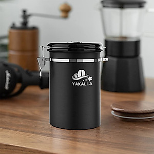 Airtight Coffee Canister, Large Stainless Steel Coffee Bean Storage Container for Kitchen with Date Tracker, Measuring Scoop, One Way Co2 Valve (Extra 6pcs) for Beans, Grounds Tea, Sugar (16OZ, Black)