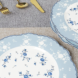 fanquare 10 Inch Porcelain Dinner Plates Set of 4, Lace Dishes Set for Salad, Pasta, Soup, Dessert, Blue Roses