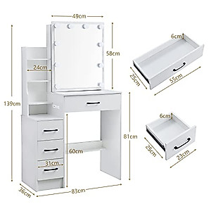 tojump White Vanity Set with Charging Station & LED Lighted Mirror, Modern Makeup Vanity Desk Dressing Table with Cushioned Stool & Drawers Chest for Bedroom (Vanity C3)