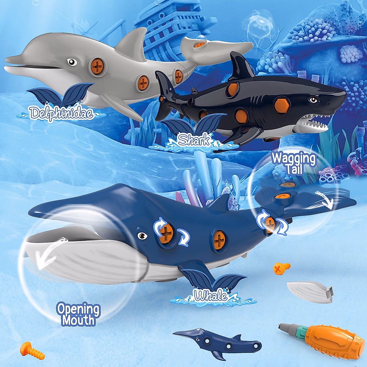 KAEGREEL Take Apart Shark Toys for Kids, Construction Take Apart Ocean Fish Toys with Electric Drill Screwdrivers, STEM Learning Building Toys for Boys Girls Birthday Gift Aged 3 4 5 6 7 8 Year Old