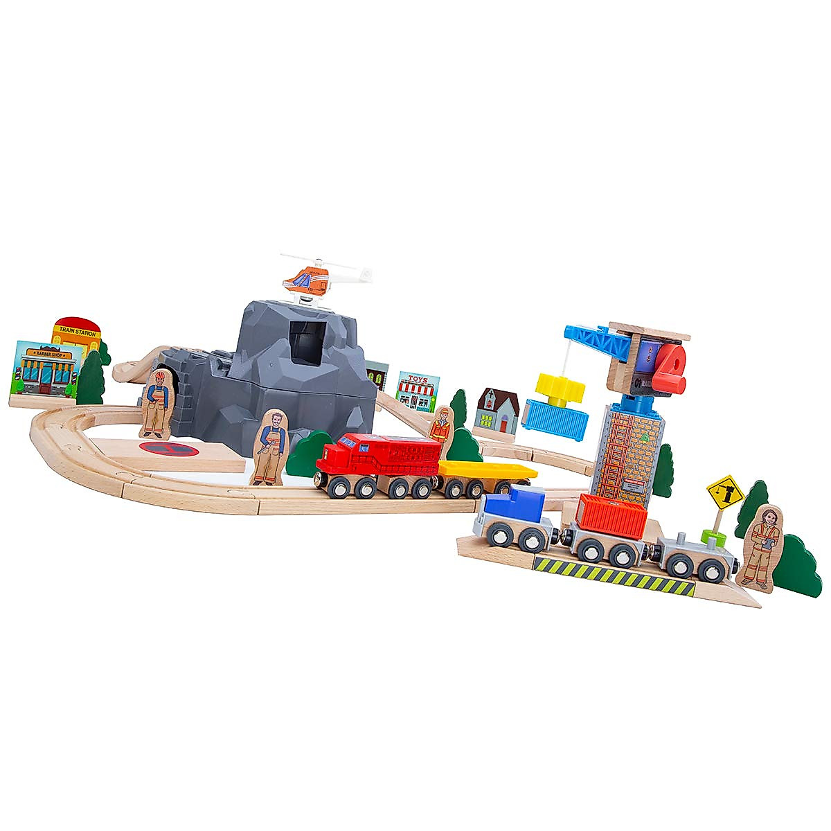 ORBRIUM Lift and Load Wooden Train Set with Magnetic Crane, Magnetic Helicopter, Large Diesel Engine, Semi-Truck, Shipping Container Flat Car Compatible with Thomas, Brio, Chuggington, Melissa & Doug