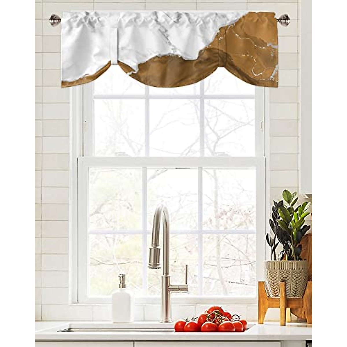 Funnywall88 Tie Up Curtain Valance for Living Room,Wild Marble Pattern Gold Brown White Ombre Valance for Kitchen Window Valance Adjustable Tie-up Valance 12 Inch Rod Pocket 1 Panel