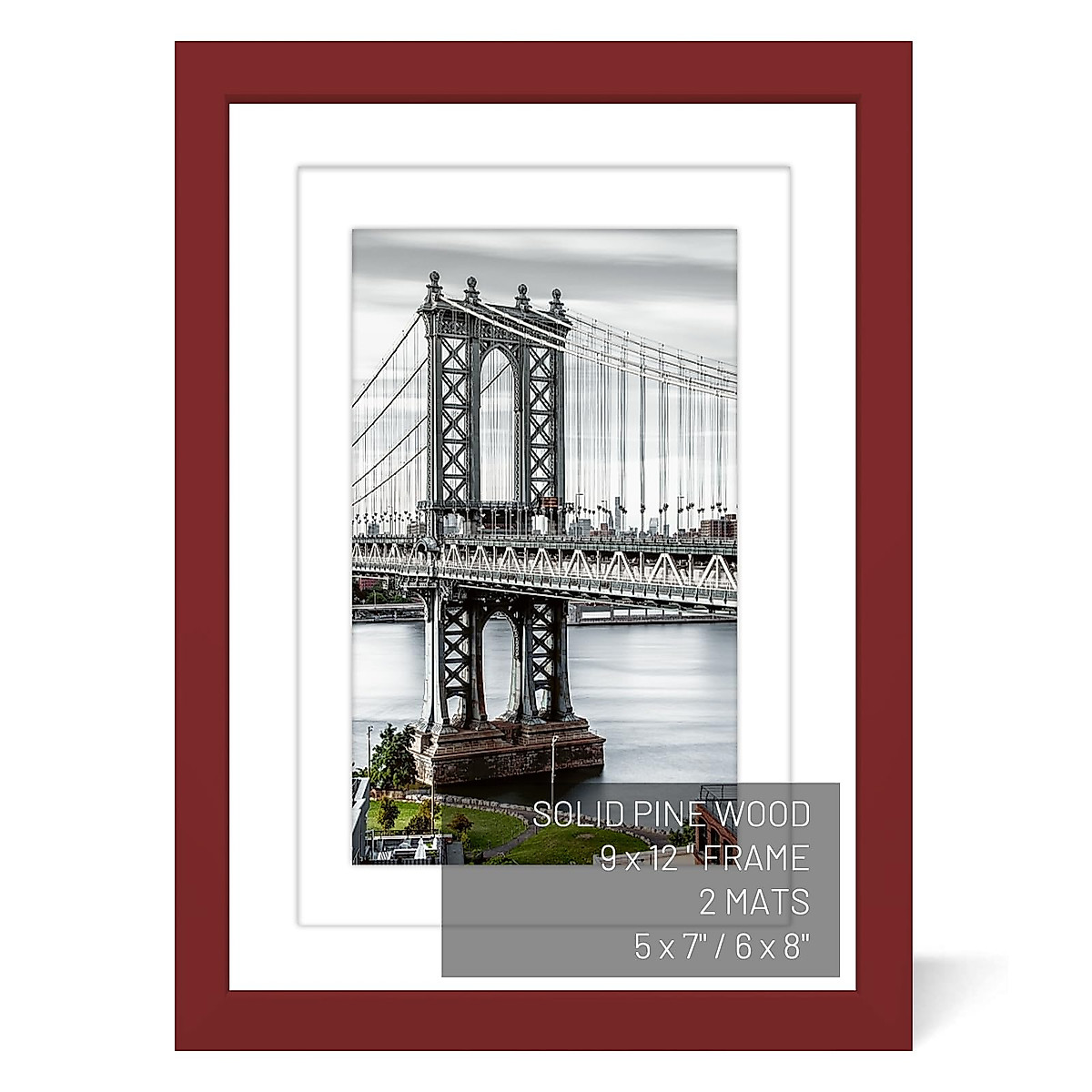 UHFWIFR 9x12 Picture Frames Solid Wood Display Pictures 6x8 or 5x7 with Mat or 9x12 Frame without Mat Poster Photo Frame Art with 2 Mats for Wall Mounting or Table Top(Red)