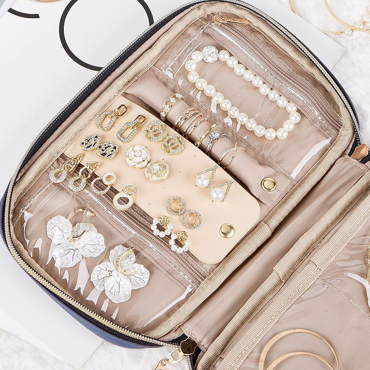 NISHEL Travel Jewelry Case, Travel Organizer for Necklaces, Earrings, Rings, Bracelets, Watch, Aegean-Blue