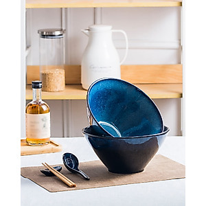 Large Salad Soup Ramen Serving Bowls, 71 OZ Ceramic Japanese Ramen Noodle Bowl with Chopsticks, Spoons and Rests - Super Big Bowl Sets for Udon, Pho, Pasta, Cereal, Set of 2 - Reactive Blue
