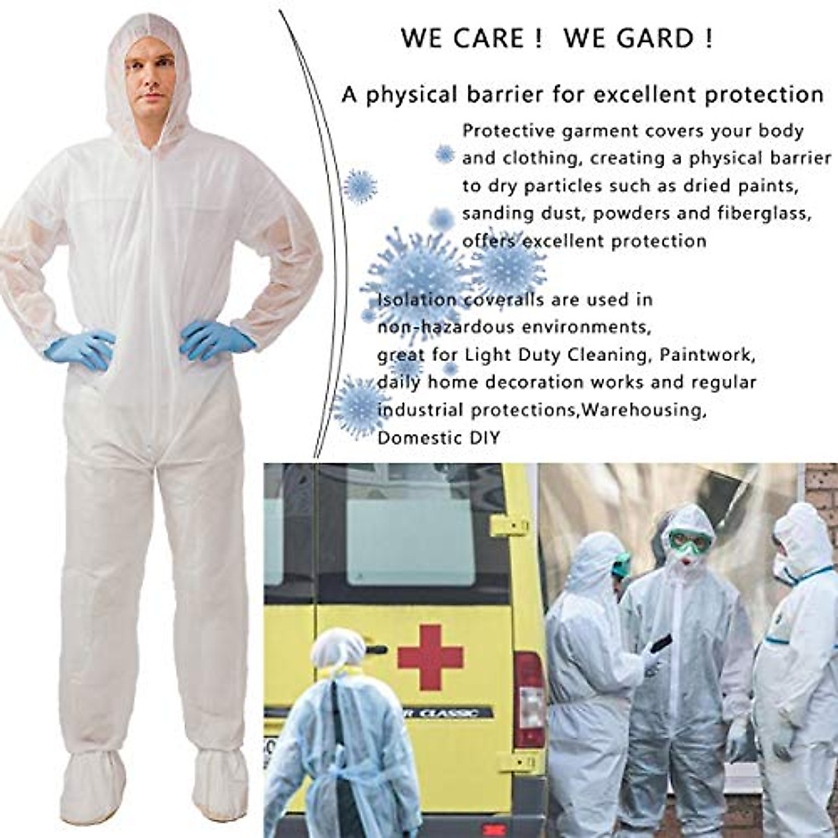 VVicogard Disposable Isolation Coveralls, Front Zipper Elastic Wrists Ankles, Polypropylene PP Protective Coverall Suit Dust-proof with Hood for Manufacturing, Spray Painting, Industrial