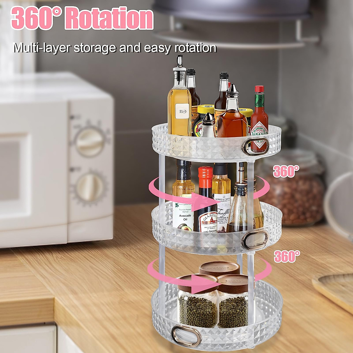 YSQCSJ 360° Rotating Multifunctional Shelf Kitchen Spice Organiser Large Capacity Cosmetic Organiser Transparent Storage Display Box, Fruit Tray, 3 Tiers Removable
