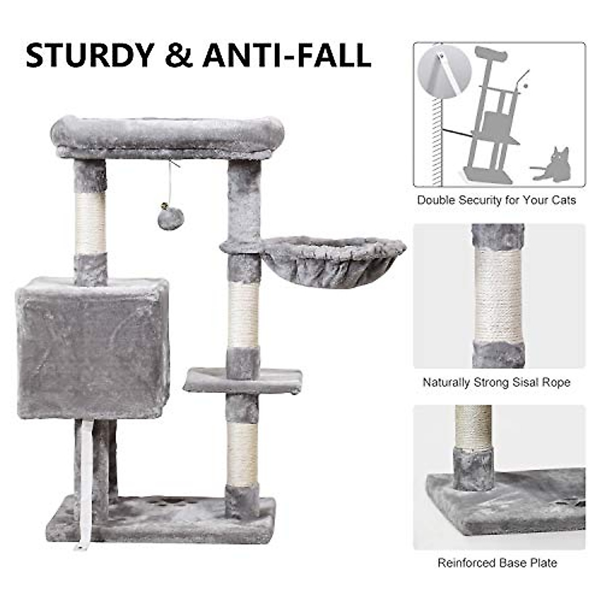 MQ Cat Tree Tower 36.7in with Padded Plush Perches, Condo, Hammock & Cat Scratching Post for Kittens, Large Cats, Gray
