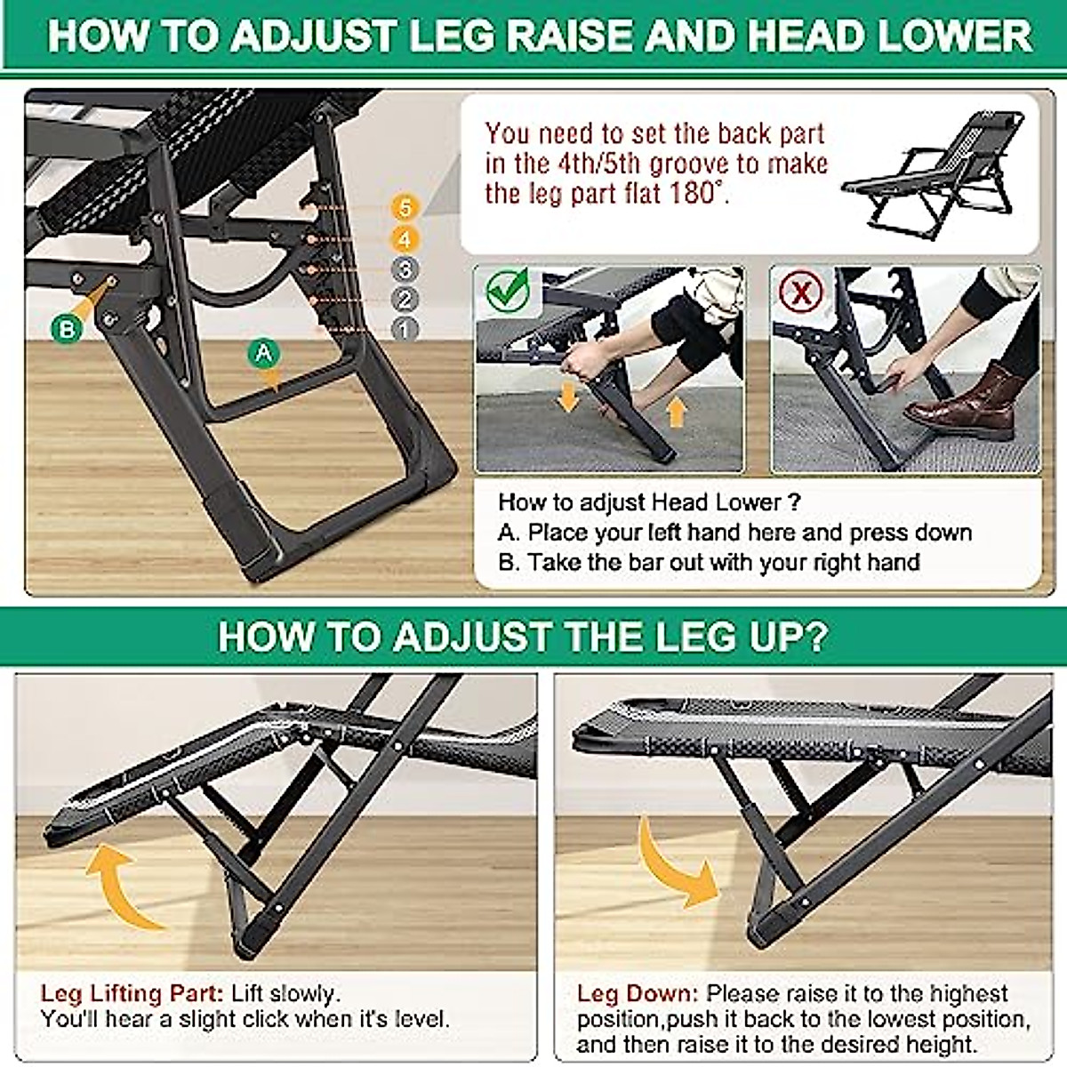 LILYPELLE Folding Outside Chaise Lounge Chair with Mattress, 5 Position Adjustable Patio Folding Lounge Chair Reclining Chairs Perfect for Outside, Sunbathing, Camping, Pool, Beach, Patio