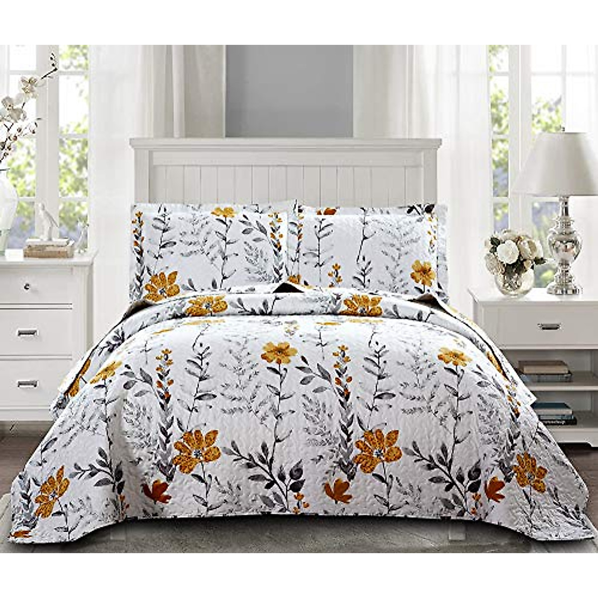 Bedspread Coverlet Set King Size Floral Quilts Set Bedding Lightweight Floral Quilt Collection Home Reversible Quilt Bedspread Sping Leaves Yellow Flower Quilt Bedding Garden Bedspread+2 Pillow Shams