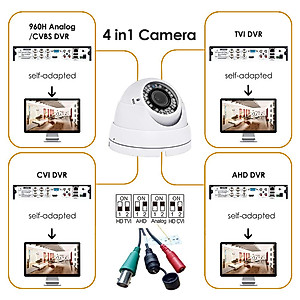 Analog CCTV Camera HD 1080P 4-in-1 (TVI/AHD/CVI/CVBS) Security Dome Camera Outdoor, 2.8mm-12mm Manual Focus/Zoom Varifocal Lens, Weatherproof Metal Housing 36 IR-LEDs Day & Night Monitoring (White)