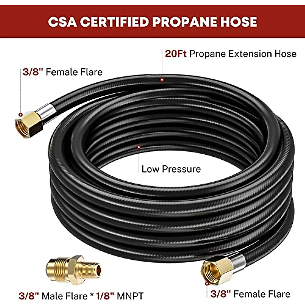 PatioGem Propane Hose Extension 20FT, Both Ends 3/8" Female Flare Propane Hose Assembly, Pipe Fitting 3/8" Flare x 1/8" MNPT, Extension Gas Line for Propane Appliances, LP Gas Hose