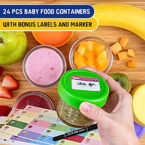 6 Pack Baby Food Storage Containers with Labels-4 Oz Baby Food Jars, Leak Proof, Puree Glass containers with lids Microwave & Dishwasher Safe Infants Kids & Growing Babies