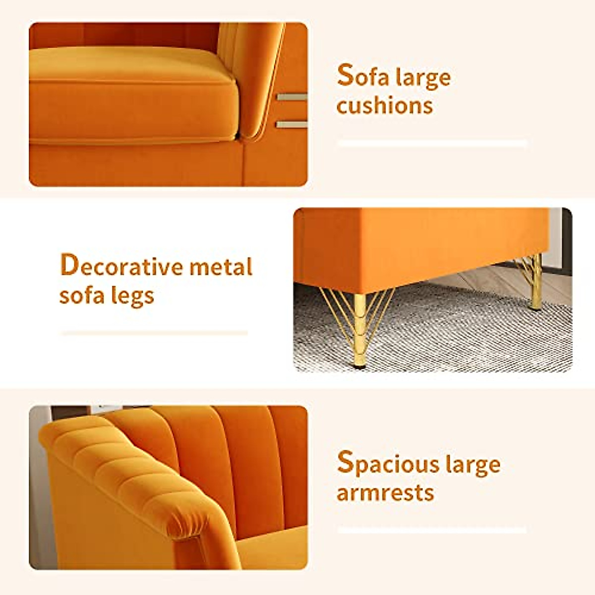 Kadway Velvet Sofa Couch for 3-4 Persons, 83" Mid-Century Modern Couch with Gold Metal Legs, Chesterfield Sofa 3 Seater Sectional Couches, Large Load Sofa Couch for Living Room Office Hotel Orange