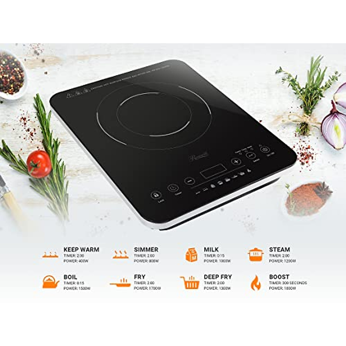 Rosewill Portable Induction Cooktop Burner, 1800W, 8 Cooking Modes, 10 Power/Temp Levels, Touch Panel, LED Display, Timer, Auto Shut-Off, Child Safety Lock, Includes Stainless Steel Pot (RHAI-21001)