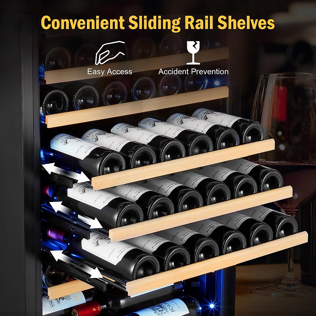 FoMup Wine Cooler Refrigerator, 24 Inch, 189 Bottle Capacity, Freestanding/Built-in Wine Chiller with Sliding Shelves, Professional Wine Cellar, Low Noise, Reversible Door