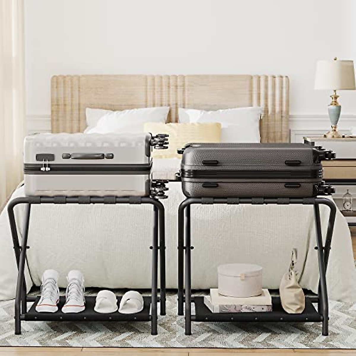 HOOBRO Folding Luggage Racks Set of 2, Suitcase Stand with Fabric Storage Shelf for Guest Room, Metal Luggage Holder, 27 x 15.3 x 22 Inches, Bedroom, Hotel, Space Saving, Black BK04XLP201