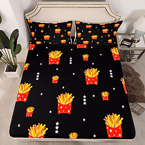 French Fries Print Fitted Sheet Full Size Snacks Bed Sheet Set for Boys Girls Teens Bedroom Decor Fried Food Print Bedding Set Women Men Star Print Bed Cover with 2 Pillow Case