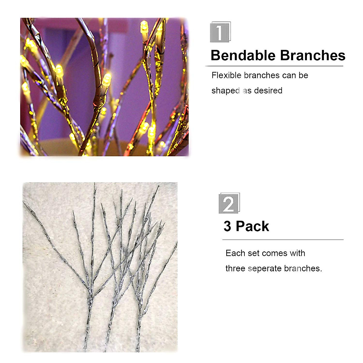 Autohigh 3-PK Lighted Branches 60 LEDs Warm White Lighting Artificial Willow,Battery Operated,Silver Decoration for Living Room Bedroom Livingroom,Home