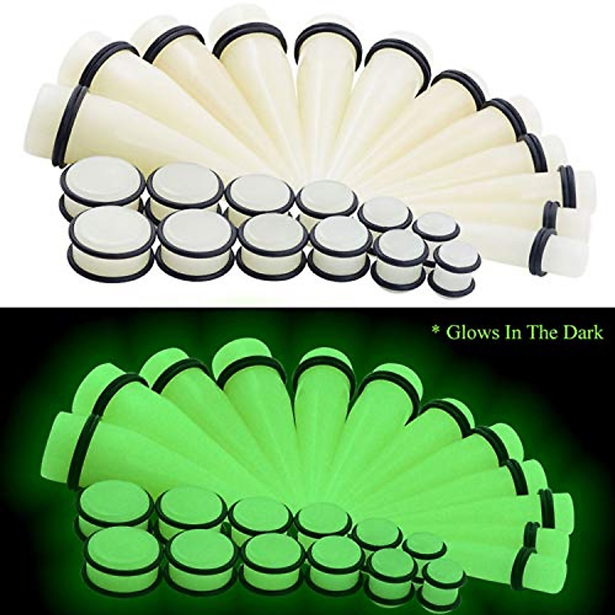 BodyJ4You 36PC Ear Stretching Kit - 00G-20mm Big Gauges Kit - Heavy Acrylic Tapers Large Spiral Expanders No Flare Plugs - Glow in Dark Green - Women's Tapers Men's Tapers
